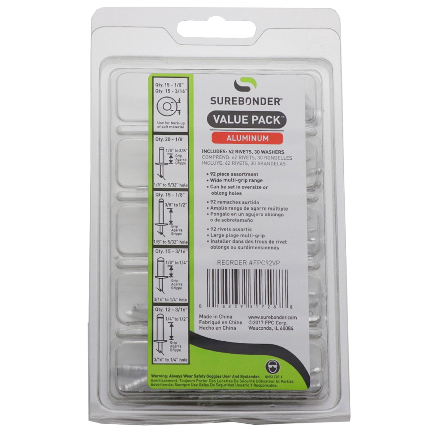 FPC92VP Multi-Grip Rivet Variety Pack - 92 Pieces - Rivets: 2 Sizes of ...