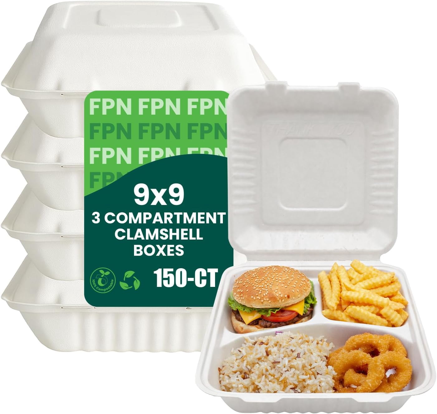 FPN 3-Compartment Paper Clamshell Boxes Compostable 9x9 – Eco-Friendly ...