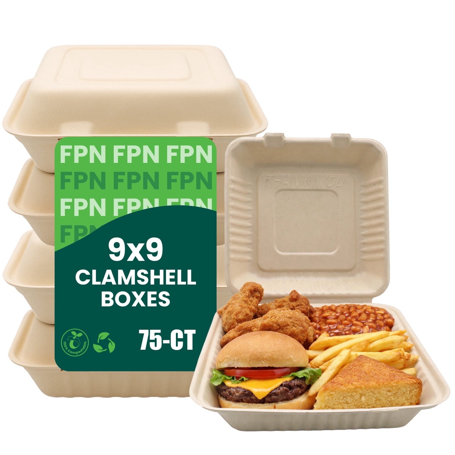 FPN Compostable Paper Clamshell Takeout Boxes 9X9, 75CT Eco-Friendly ...