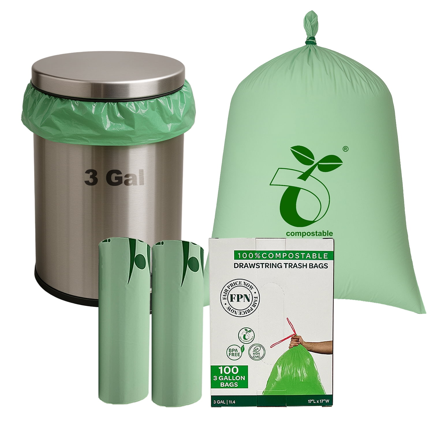 FPN Compostable Trash Bags Handle-Tie, 3 Gallon 100 Pack, Green, Small ...