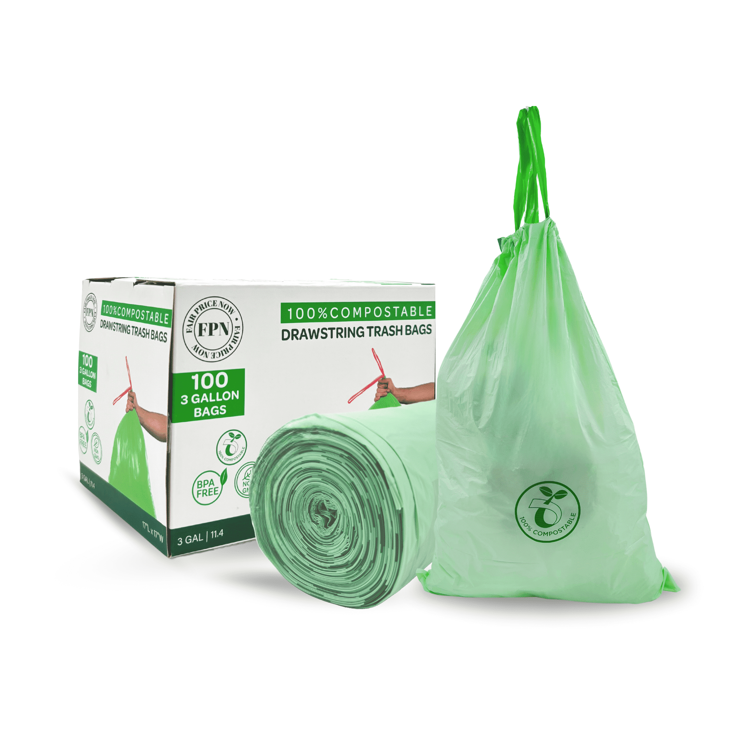 FPN Compostable Trash Bags Handle-Tie, 3 Gallon 100 Pack, Green, Small ...