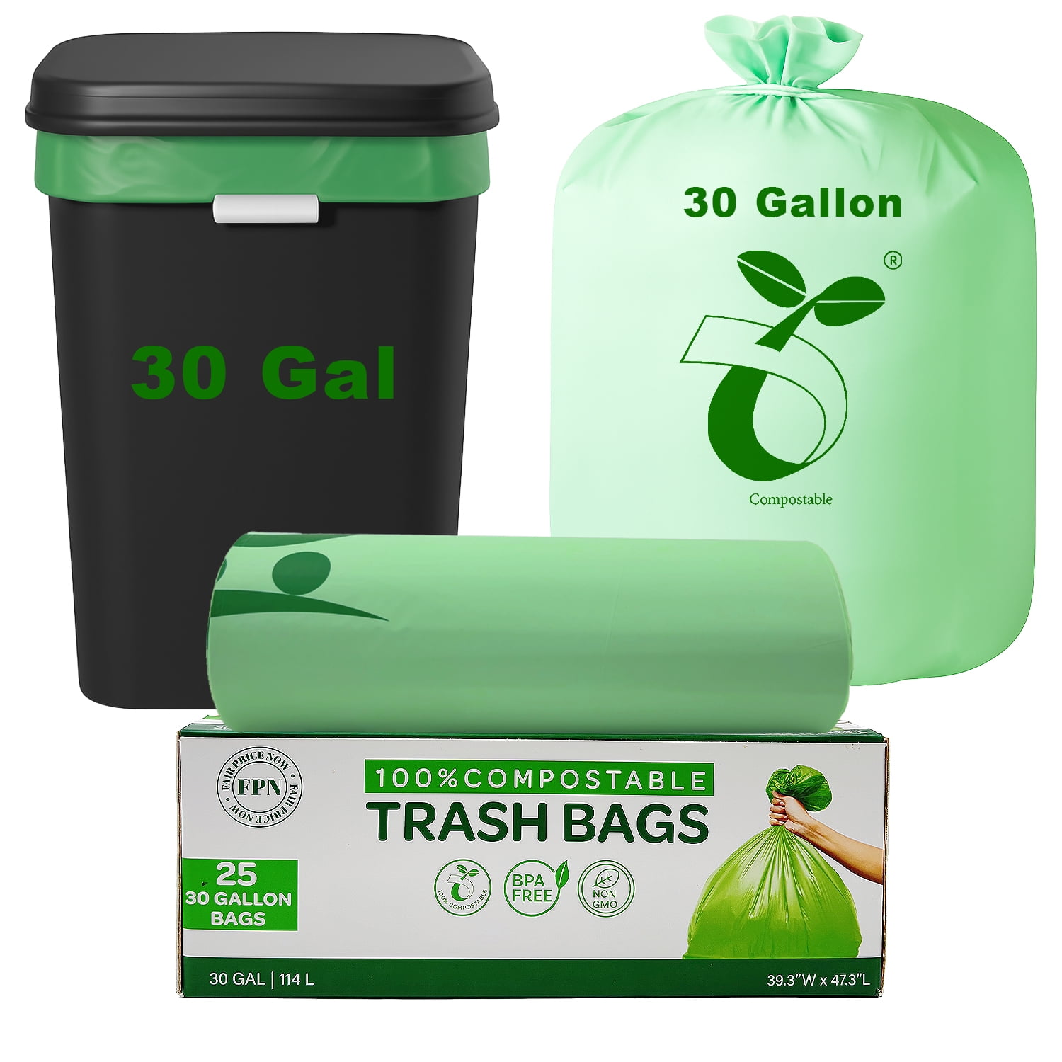 FPN Compostable Trash Bags (30 gallon) – 25 Pack, Handle-Tie, 0.67 Mil, 11.36L, Small Kitchen ...