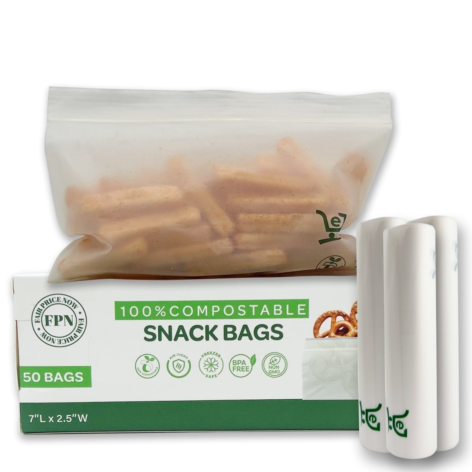 FPN Compostable Snack Bags 200 Pack, "7 x "2.5 Resealable Ziplock Bag ...