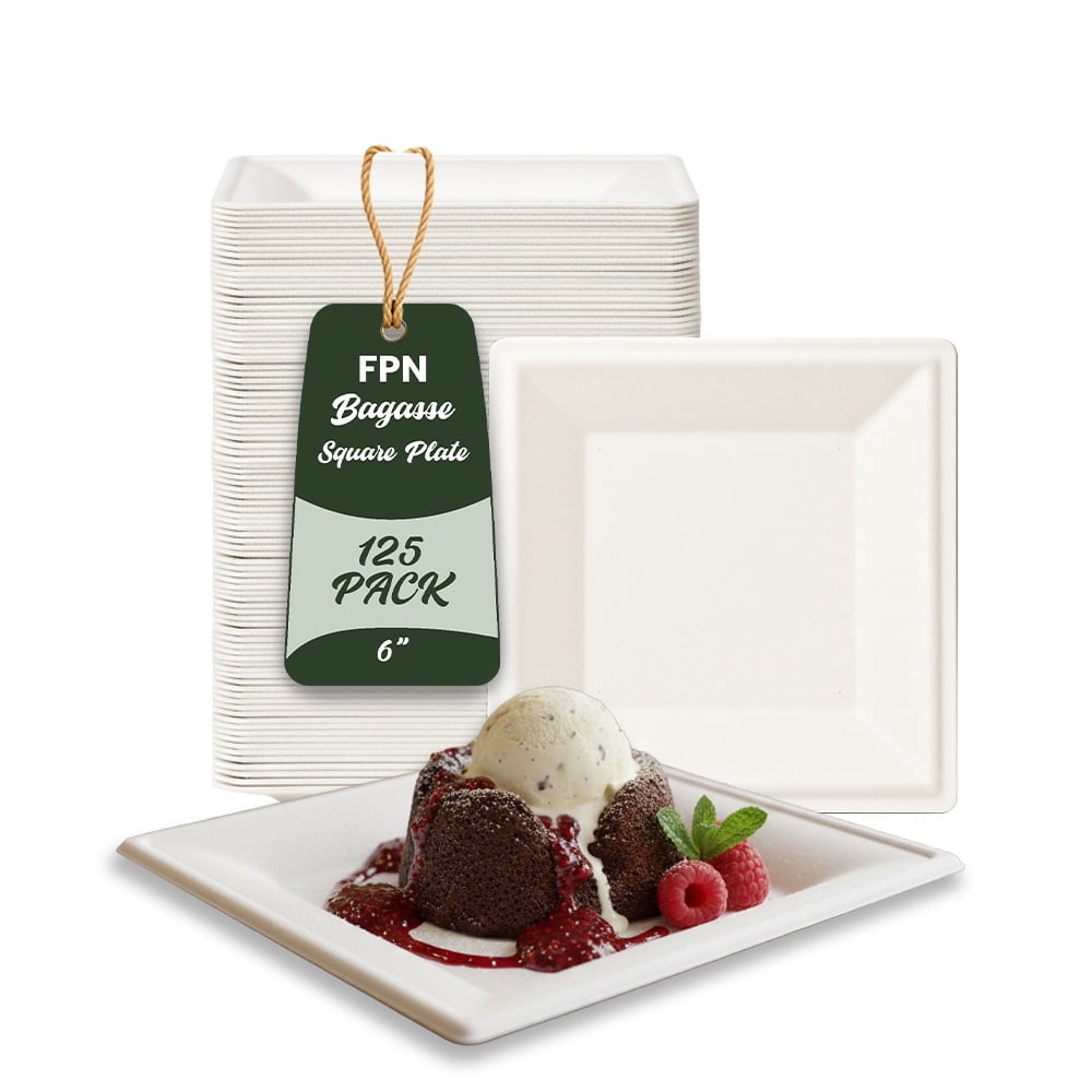FPN Square Plates, 125 Pack, 6 in Compostable Dinnerware for Hot & Cold ...