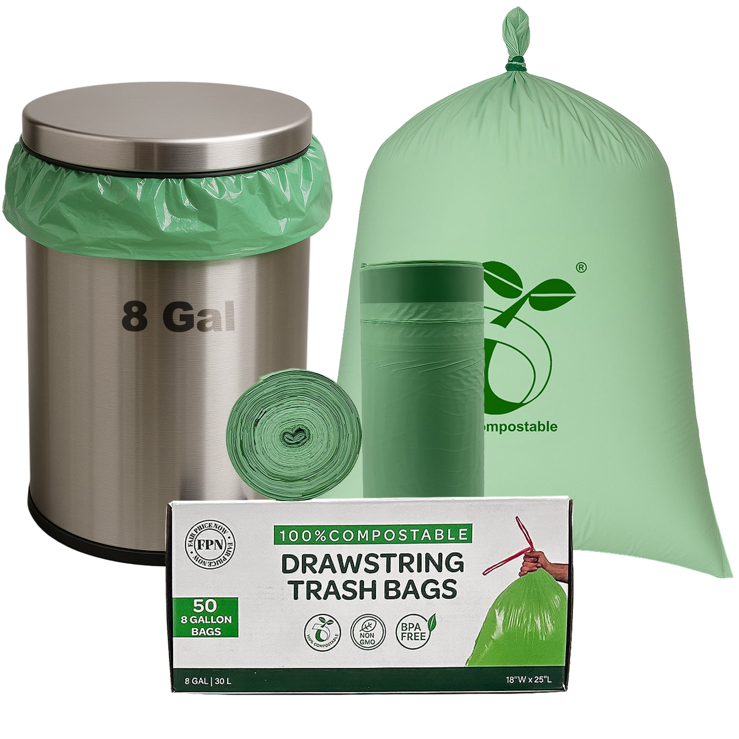 FPN Trash Bags Compostable – 8 gallon 50 Pack, Handle-Tie, 0.67 Mil ...