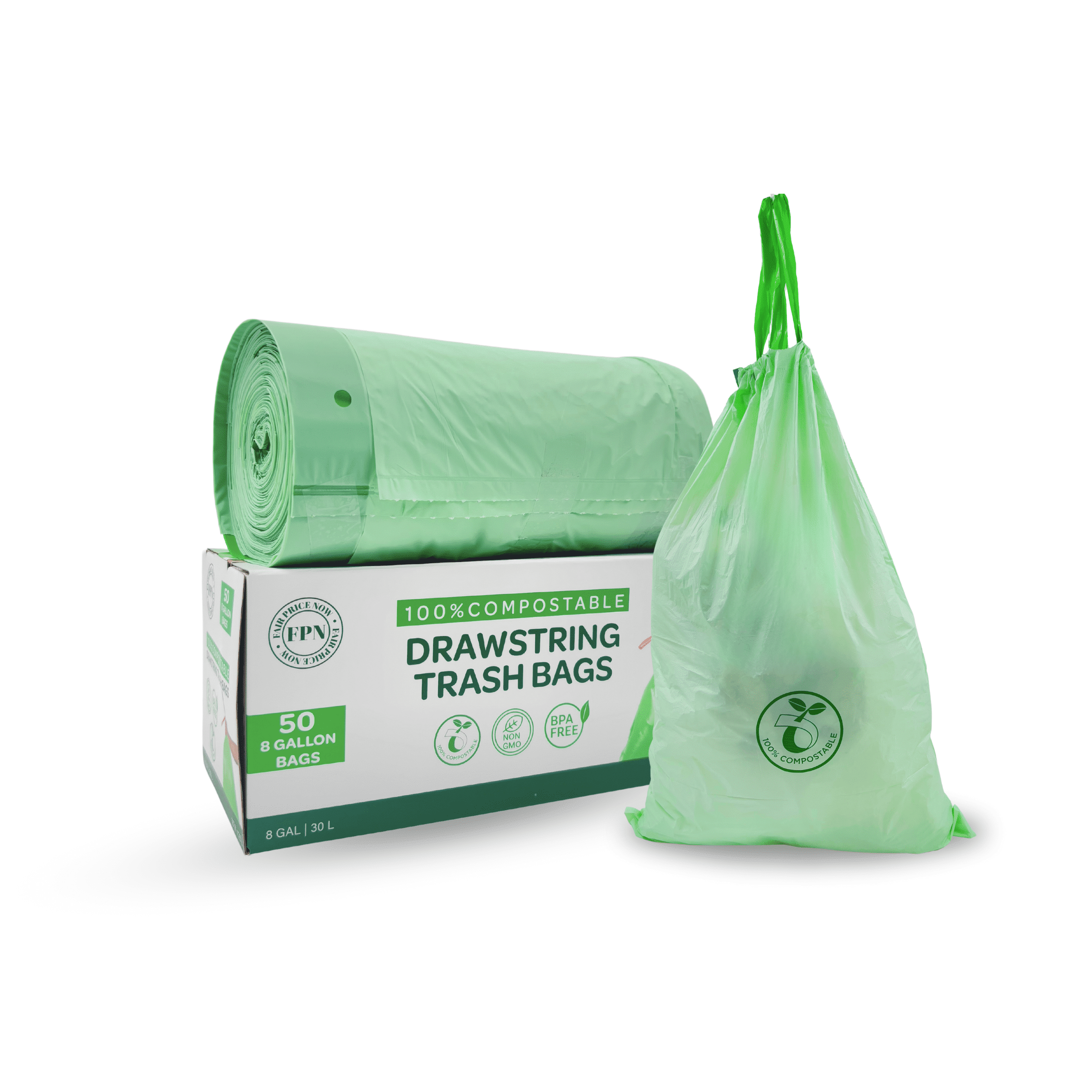 FPN Trash Bags Compostable – 8 gallon 50 Pack, Handle-Tie, 0.67 Mil ...