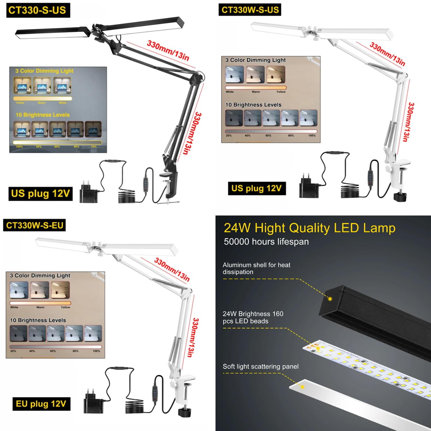 FPWNGL 12V 24W Table Lamp 3 Color Dimmable LED Lights Eye-Caring Desk ...