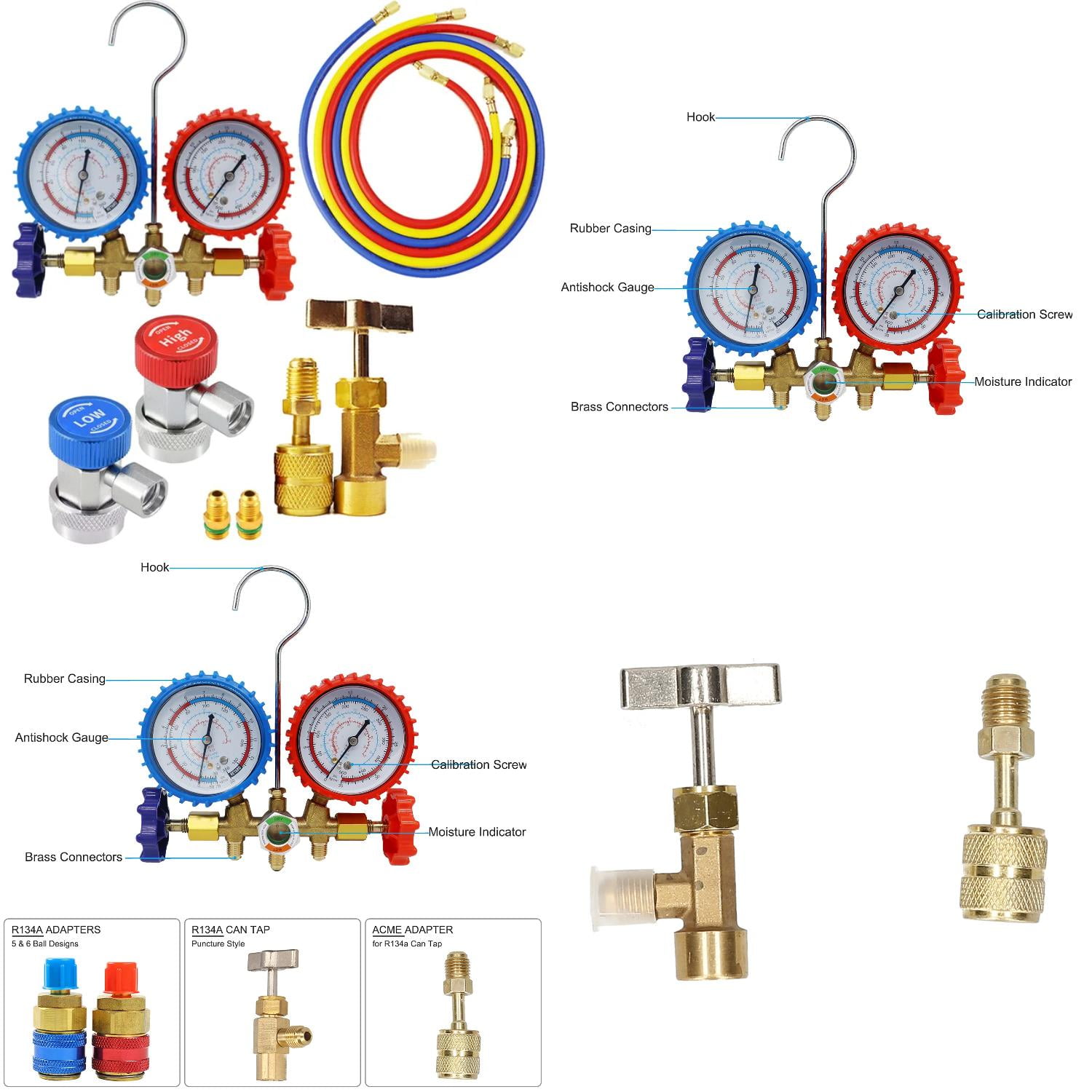 FPWNGL 3 Way AC Manifold Gauge Set with Hoses Couplers & Adapter ...