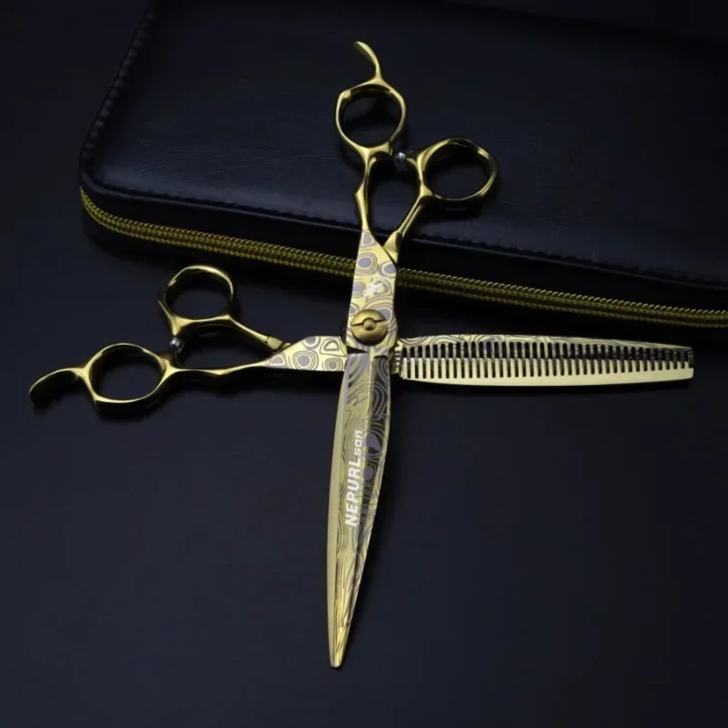 FPWNGL Professional 7” Gold Damascus Hair Scissors - Barber Cutting and ...