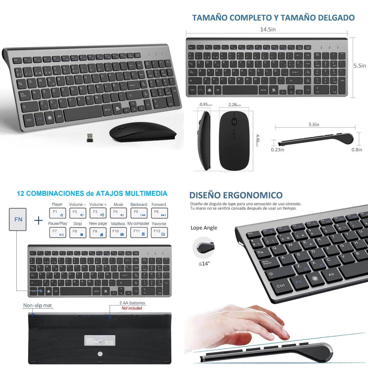 Fpwngl Spanish Wireless Keyboard And Mouse Ultra Slim Combo 2 4g Silent