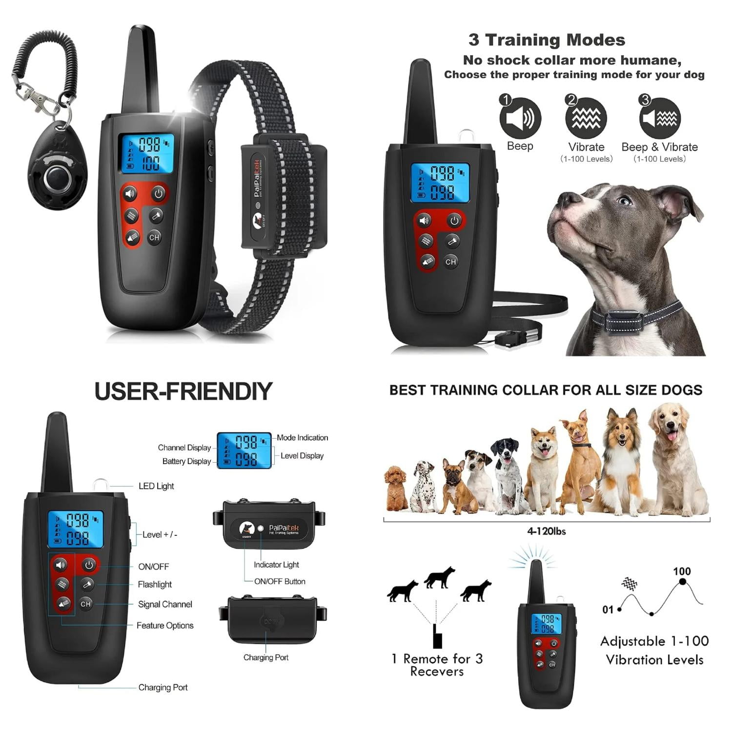 FPWNGL Waterproof Remote Dog Training Collar with 3300ft Range ...