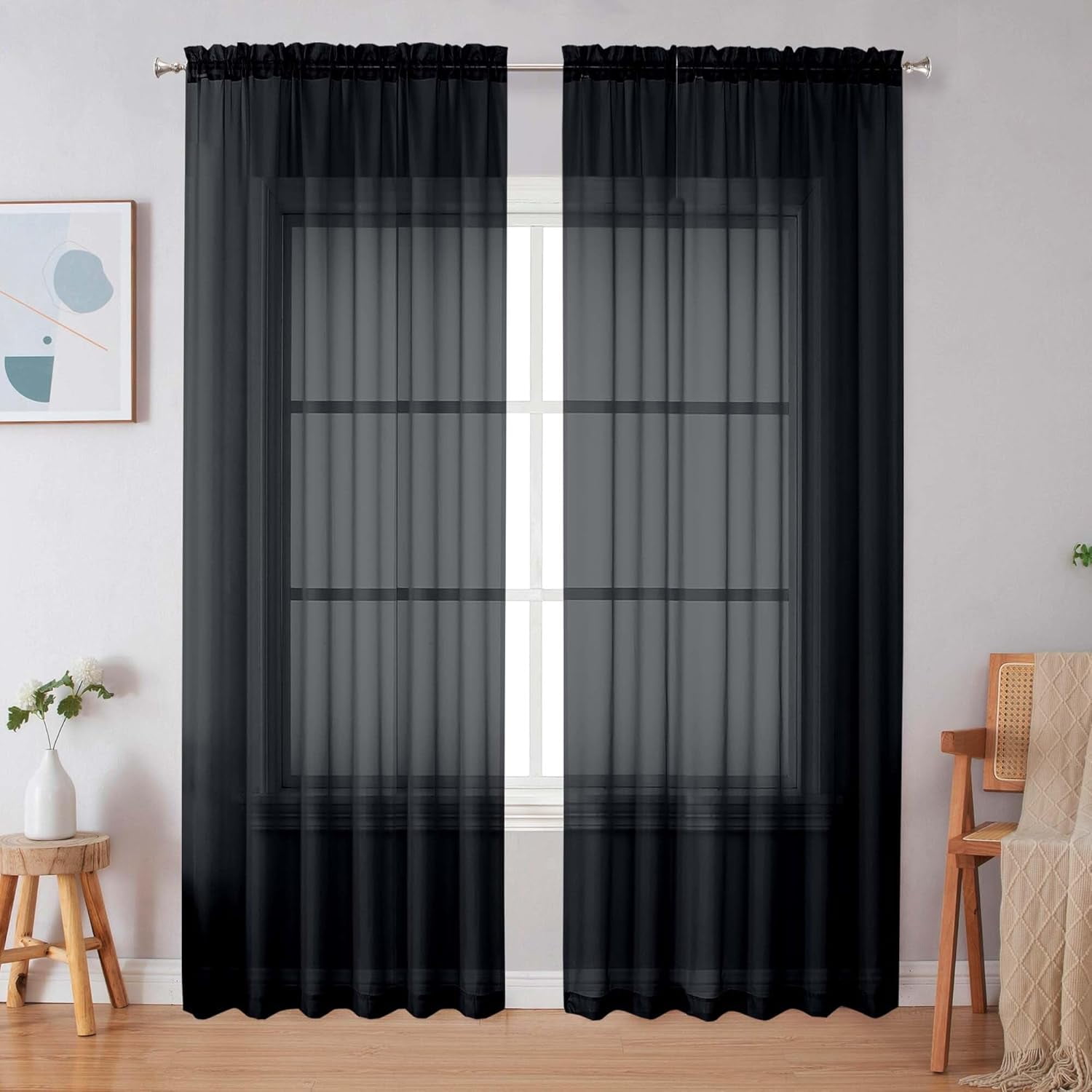 FQAZFJ-Black Sheer Curtains 84 Inches Long, Light Filtering Rod Pocket ...