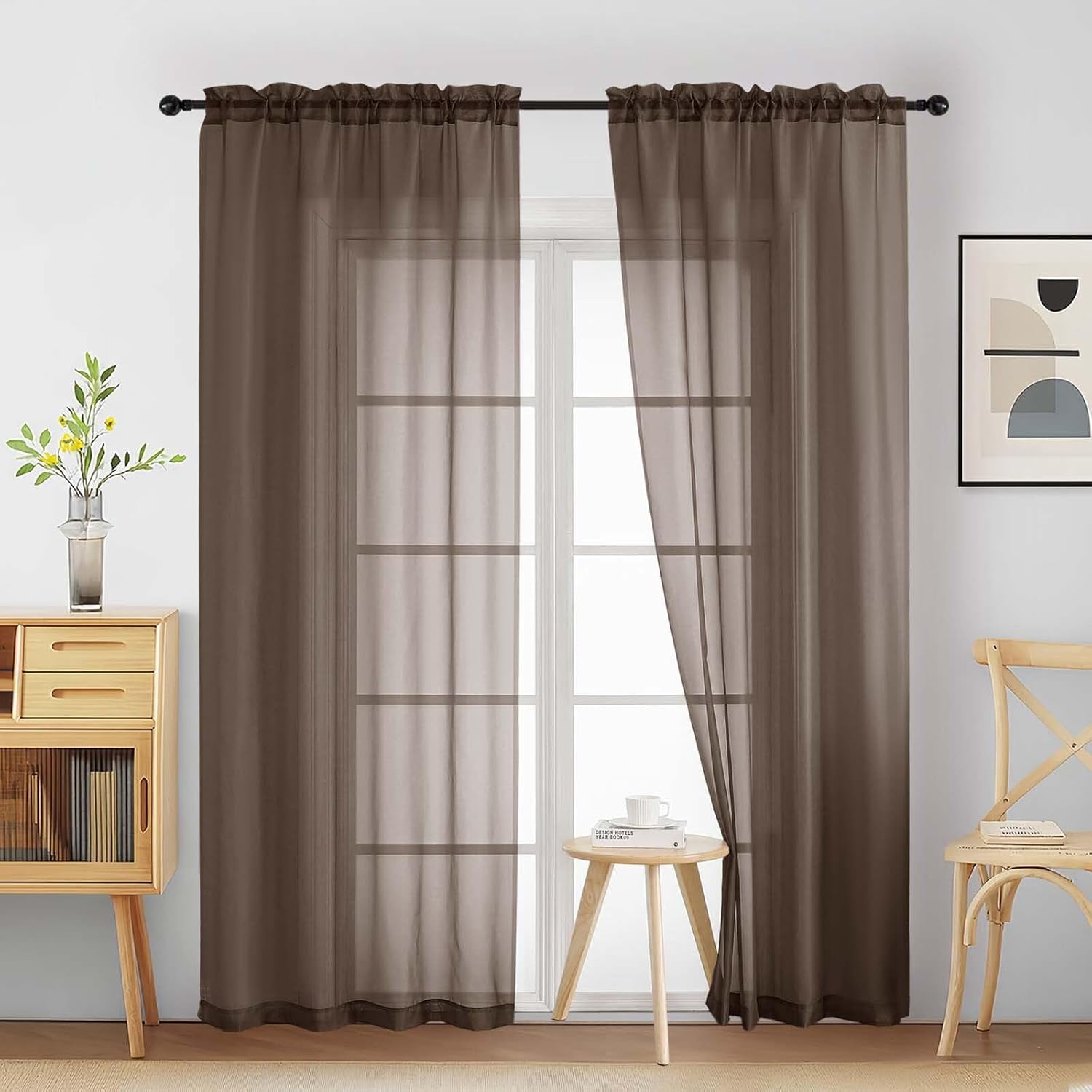 FQAZFJ-Chocolate Sheer Curtains 84 Inches Long 2 Panels, Elegant Airy ...
