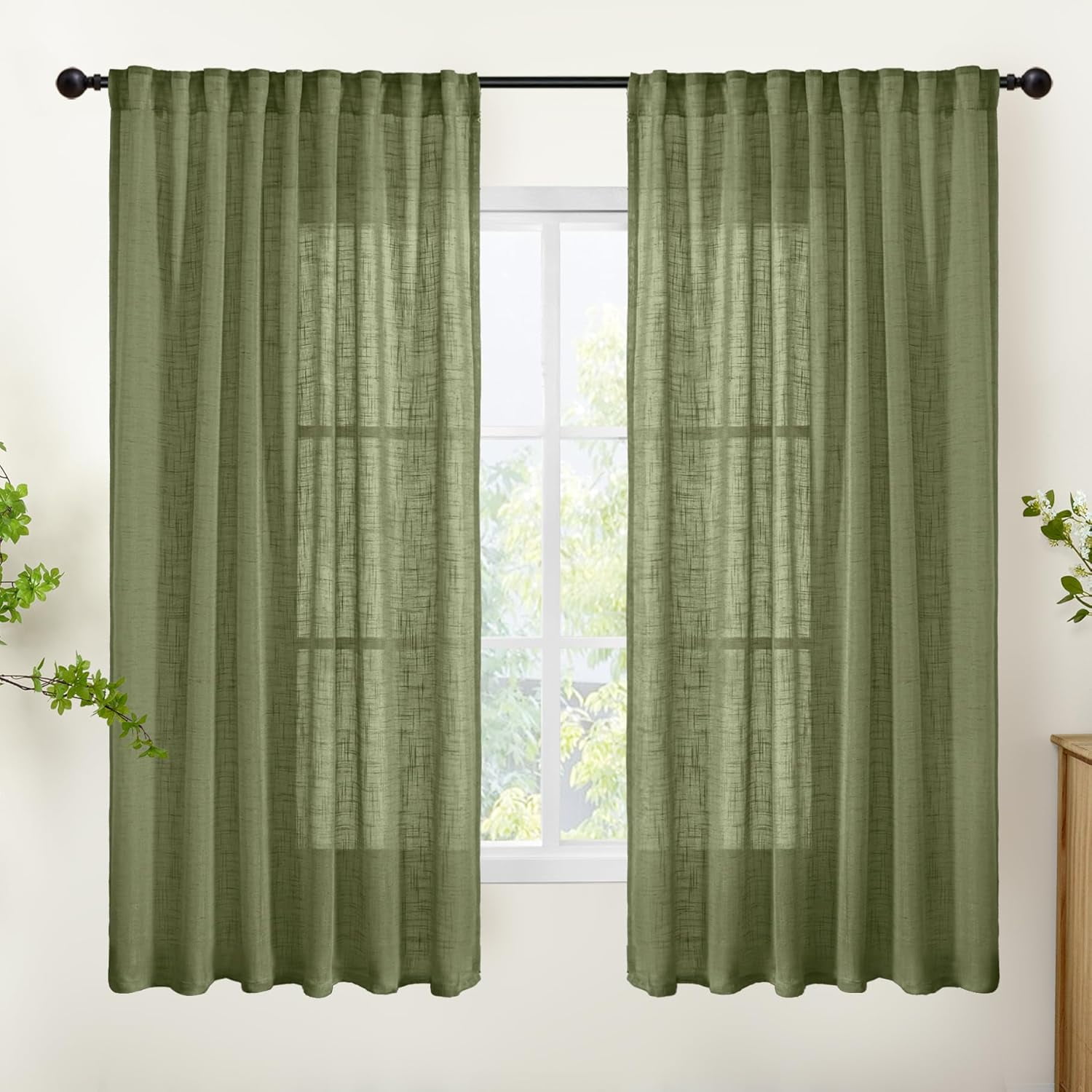 FQAZFJ-Olive Green Linen Curtains 63 Inch Length for Living Room 2 ...