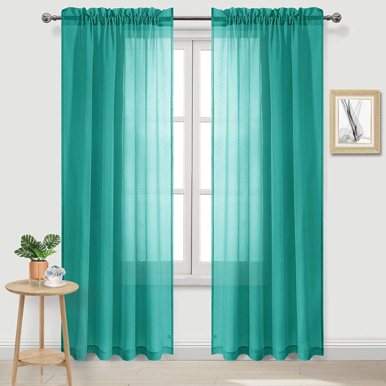 FQAZFJ-Teal Sheer Curtains Semi Transparent Voile Rod Pocket Curtains ...