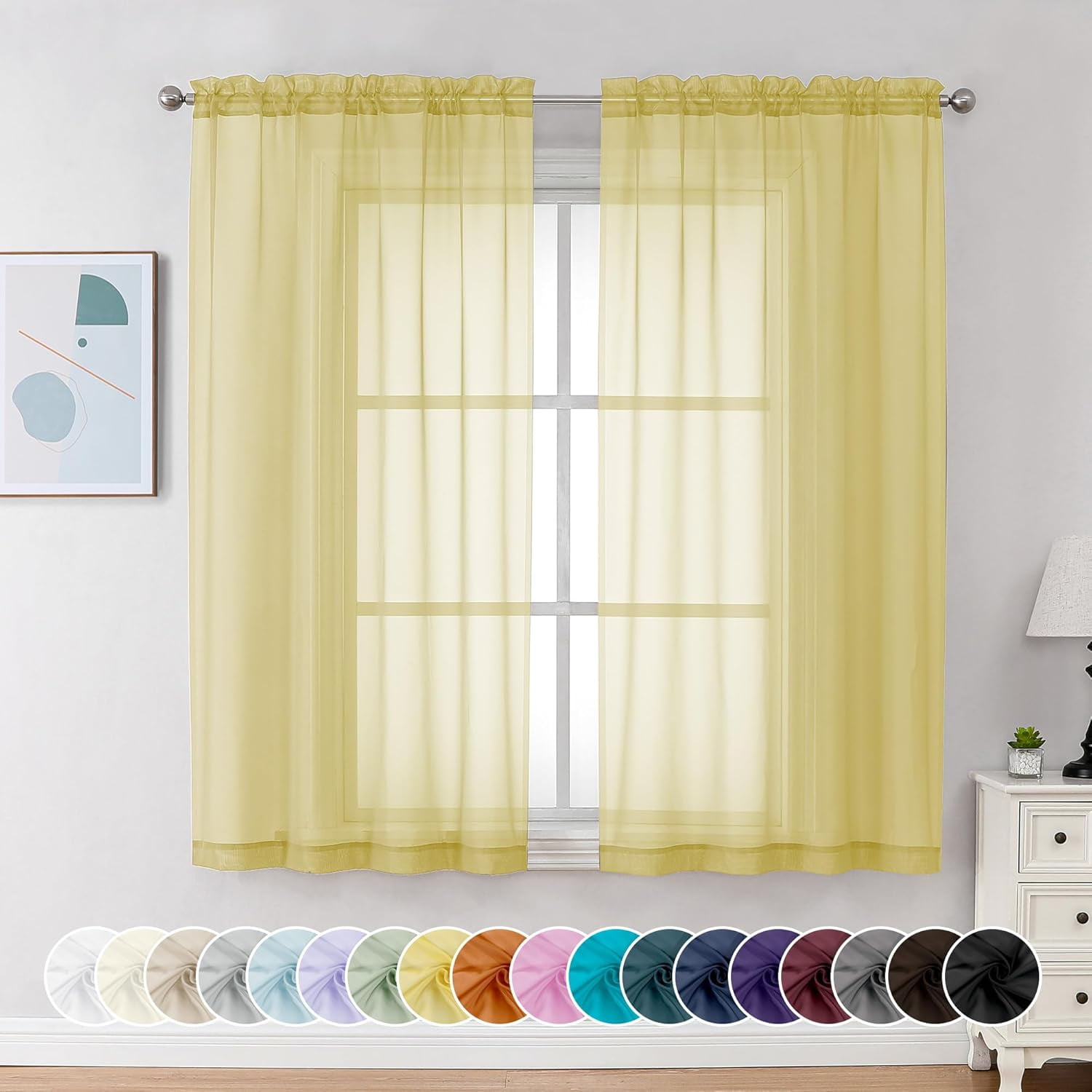 FQAZFJ-Yellow Sheer Curtains 54 Inch Long 2 Panels, Light Filtering Rod ...