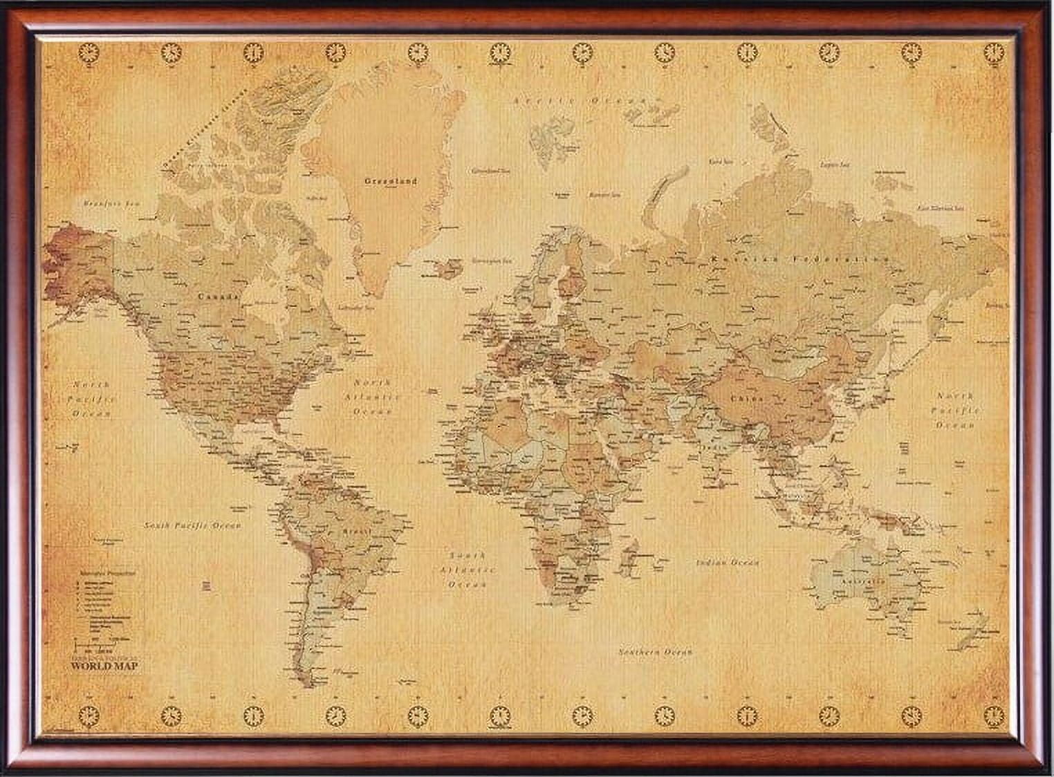 FRAMED Vintage World Map 24x36 Dry Mounted in Executive Series Walnut ...