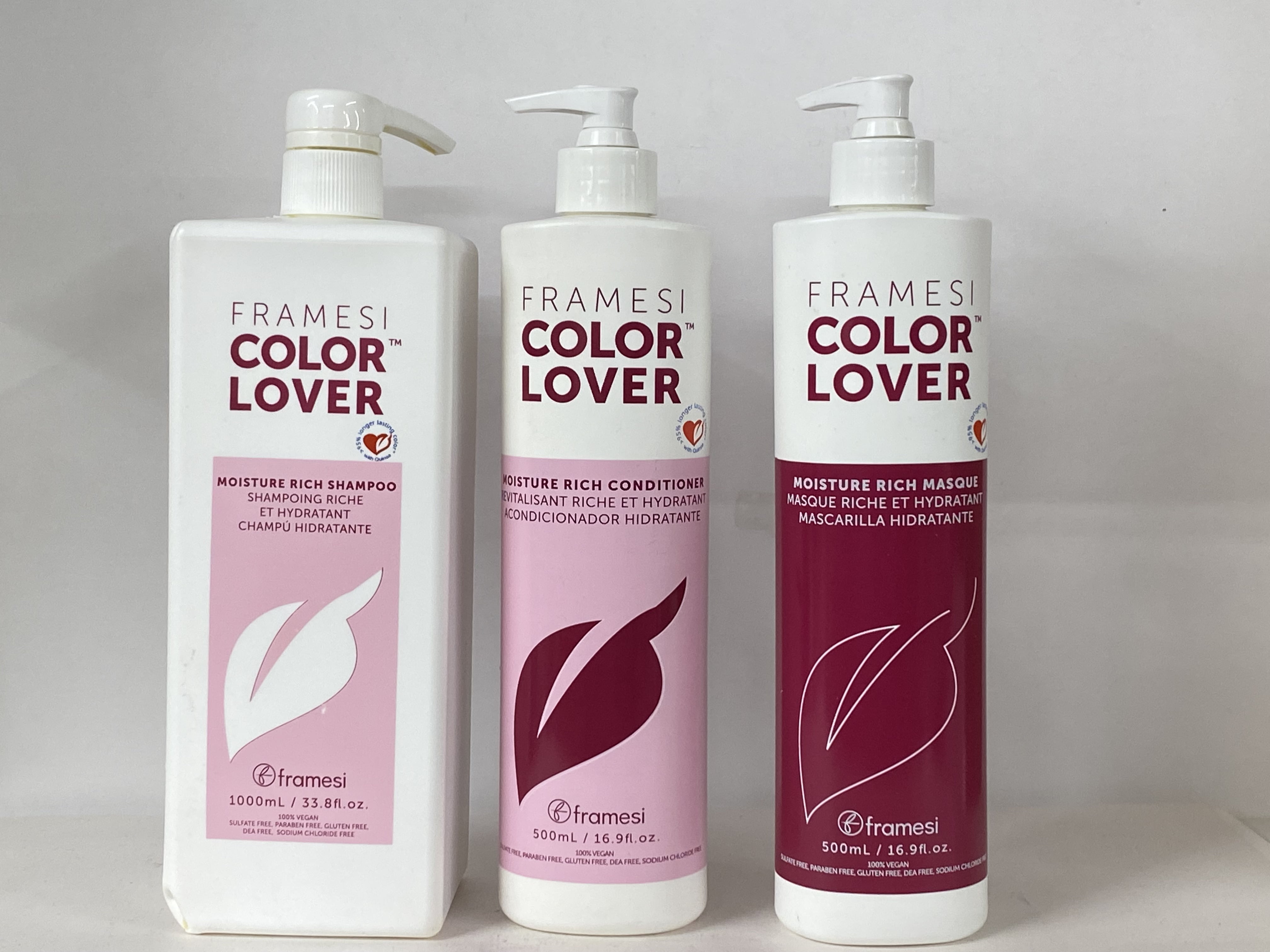 FRAMESI COLOR LOVER MOISTURE RICH SHAMPOO 33.8 OZ CONDITIONER 16.9 OZ MASQUE 16.9 OZ 3 ITEM SET