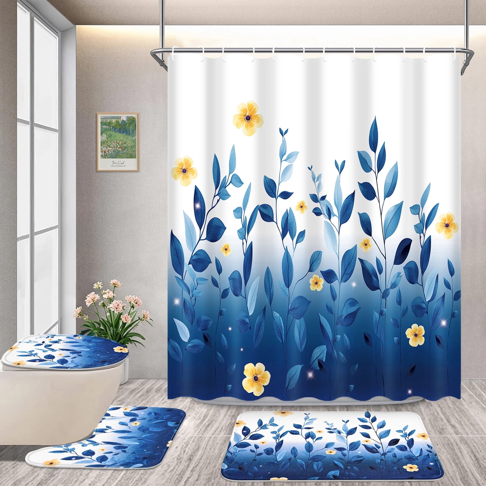 FRAMICS 16-Piece Ombre Floral Shower Curtain Sets with Rugs, Blue ...