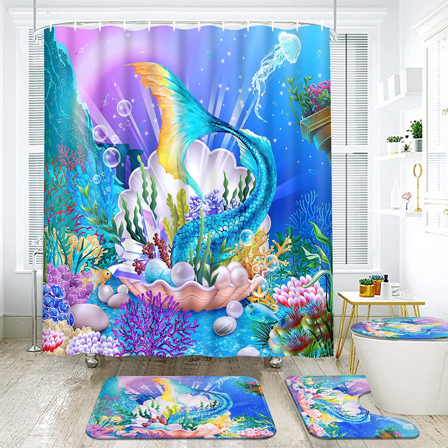 Framics 4pcs Mermaid Shower Curtain Set With Rugs Ocean Pearl Seashell Decor Waterproof Fabric