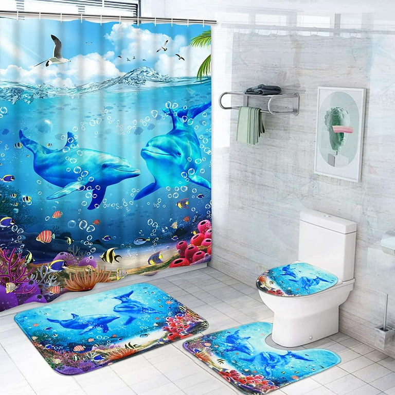 FRAMICS Blue Dolphin Shower Curtain and Rug Sets 16 Pc Ocean World Bathroom Sets Waterproof Fabric Shower Curtain with 12 Hooks and Toilet Rugs