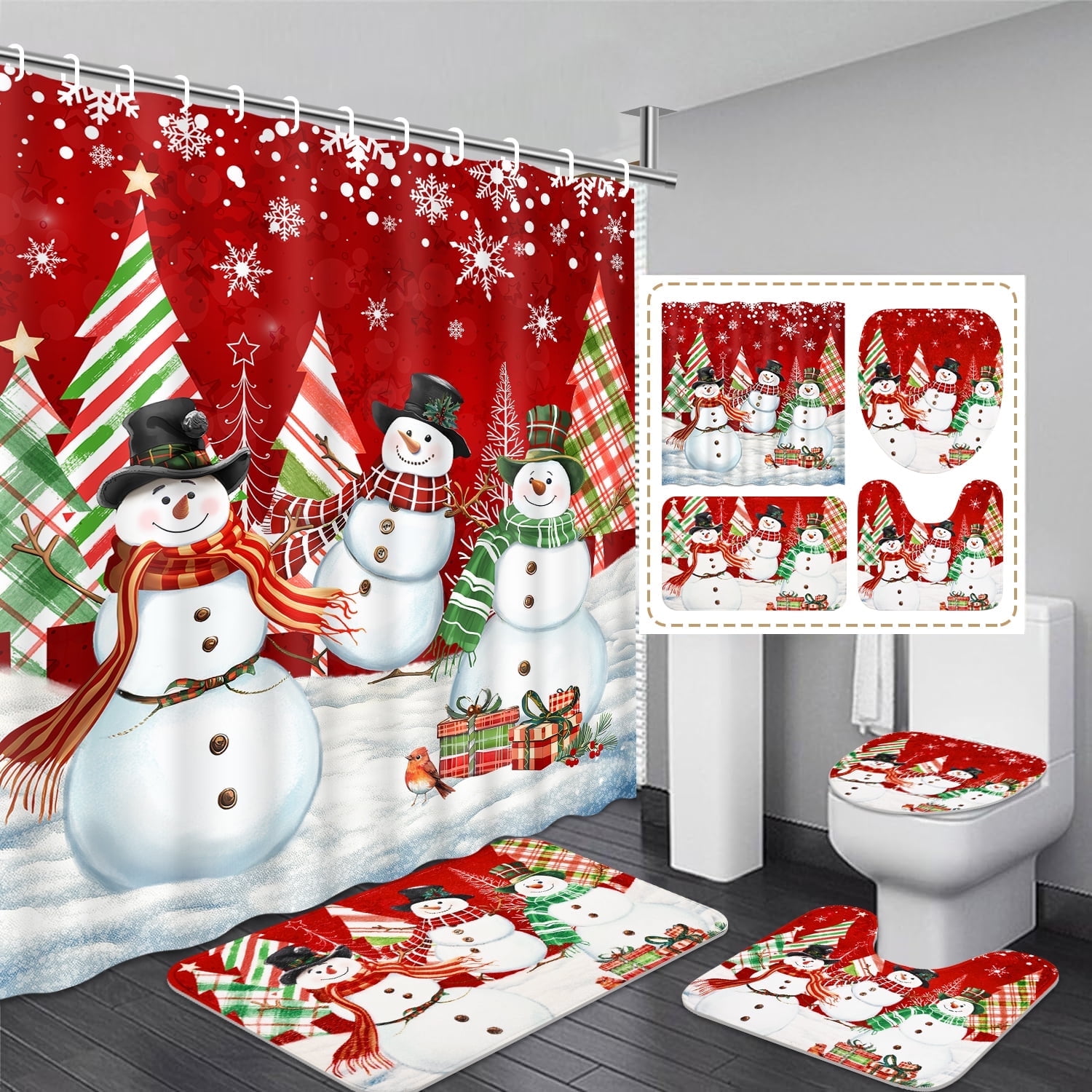 FRAMICS Christmas Snowman Shower Curtain Sets with Rugs, 16 Pc Xmas ...