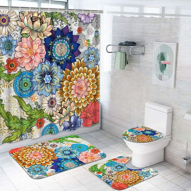 Framics Colorful Boho Flower Shower Curtain And Rug Sets Bathroom Decor