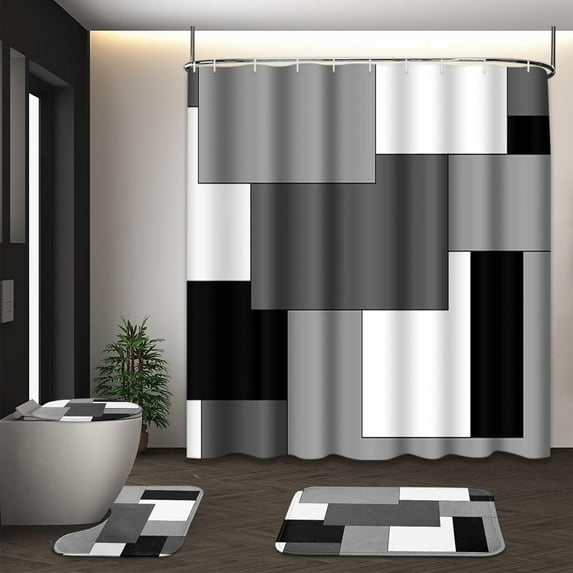 FRAMICS 16 Pc Gray Geometric Shower Curtain & Rug Set, Checkered ...
