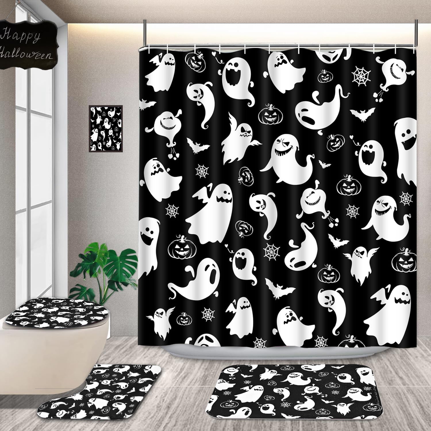 FRAMICS Halloween Ghost Shower Curtain Sets with Rugs, 16 Pc Cute ...