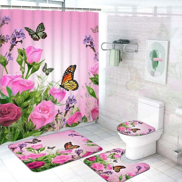Framics Pink Rose Shower Curtain And Rug Sets Butterfly Floral Pattern