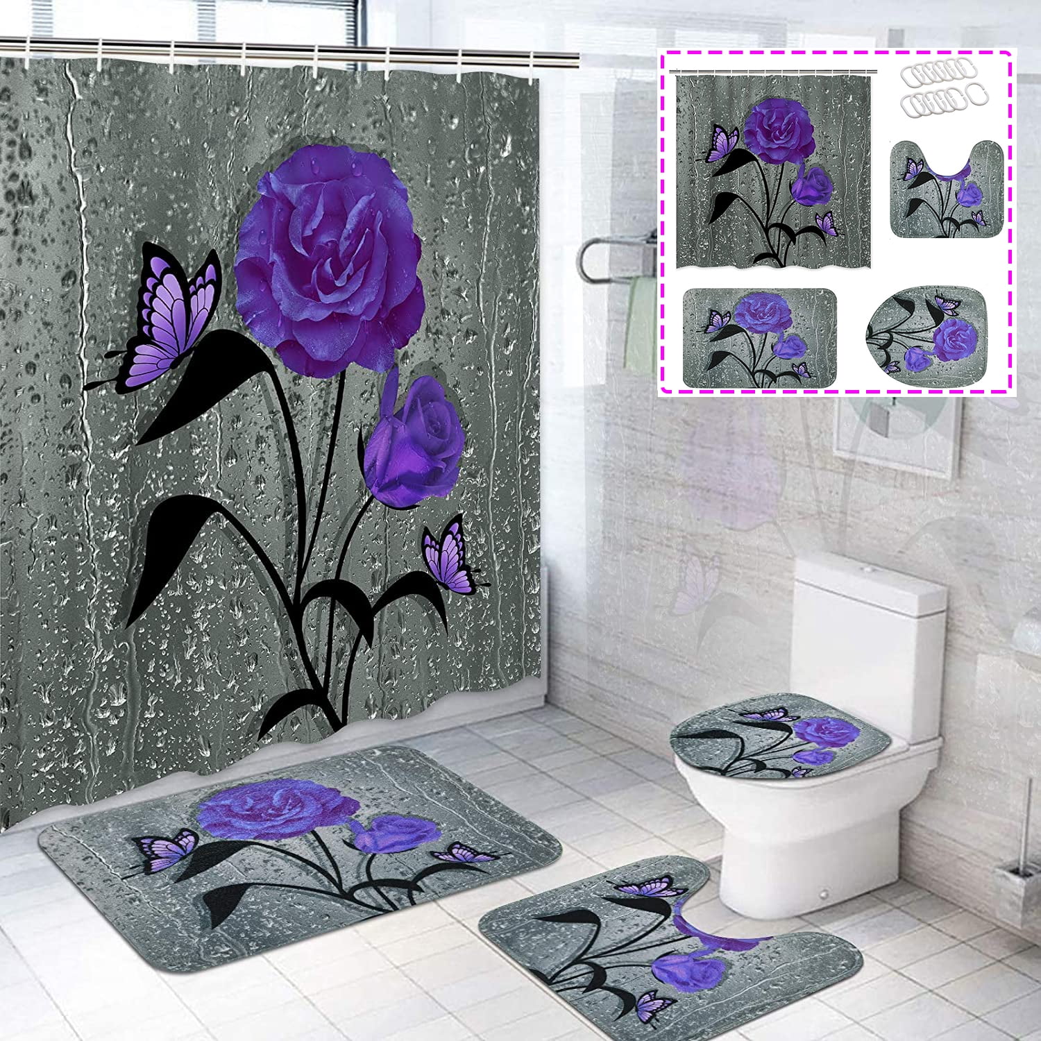 Framics Purple Rose Butterfly Pattern Polyester Shower Curtain And Rug
