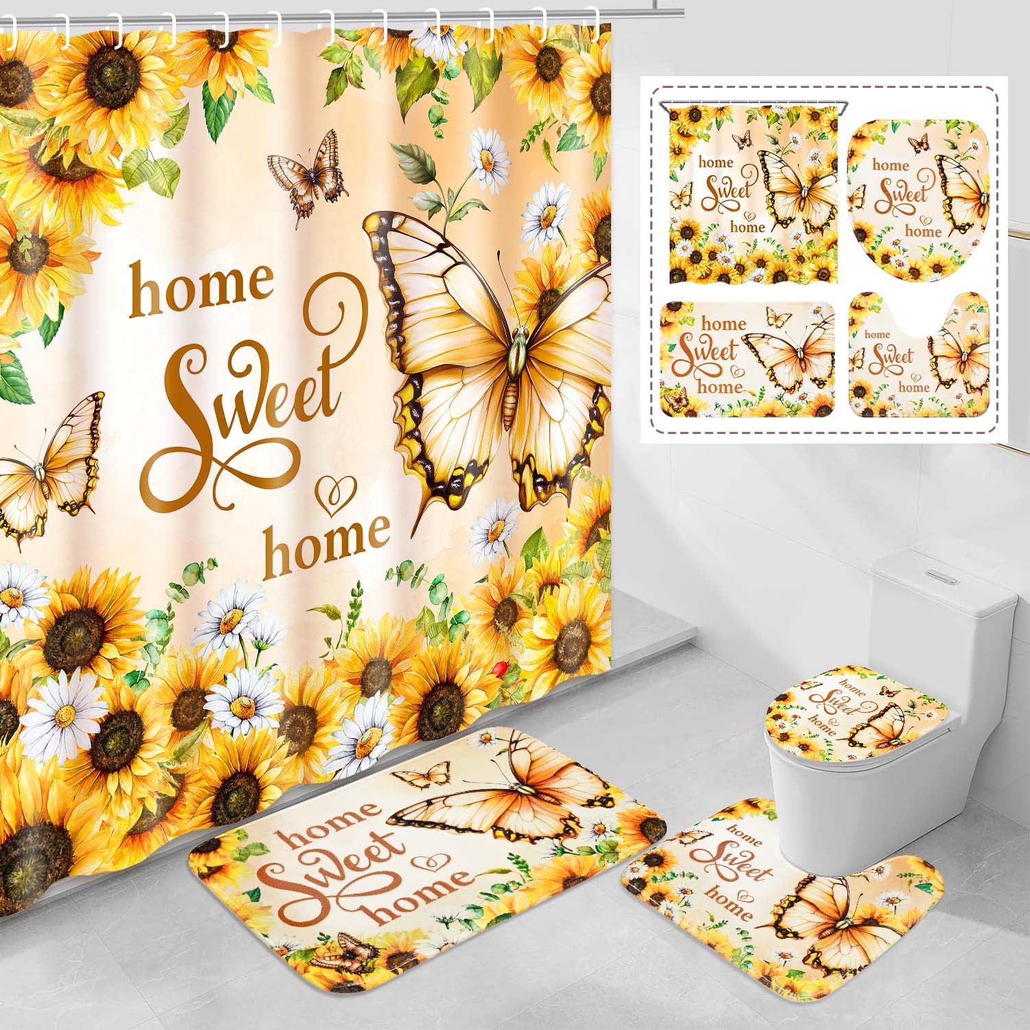 FRAMICS Sunflower Shower Curtain Sets with Rugs, 16 Pcs Yellow ...