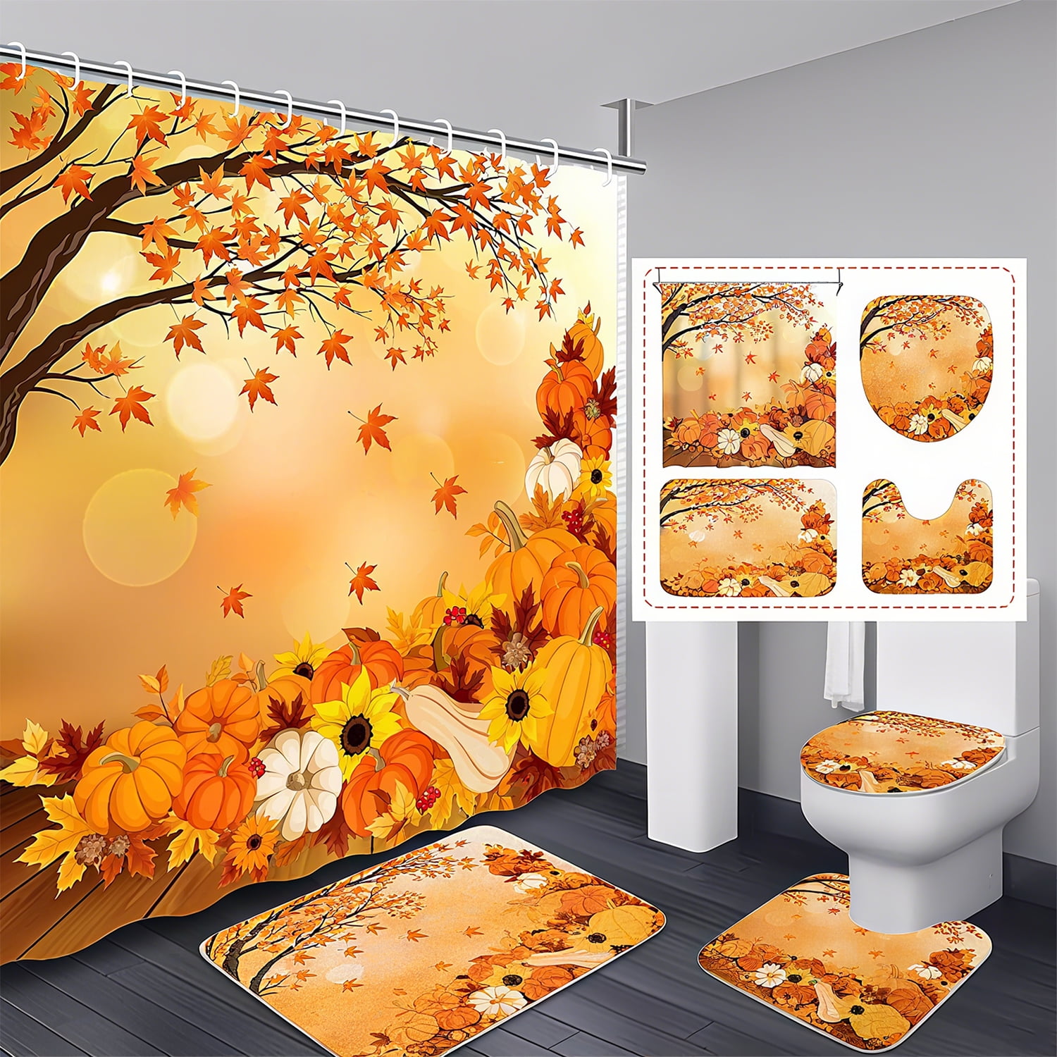 FRAMICS 16 Pc Thanksgiving Bath Set, Orange Maple Leaf Pumpkin ...