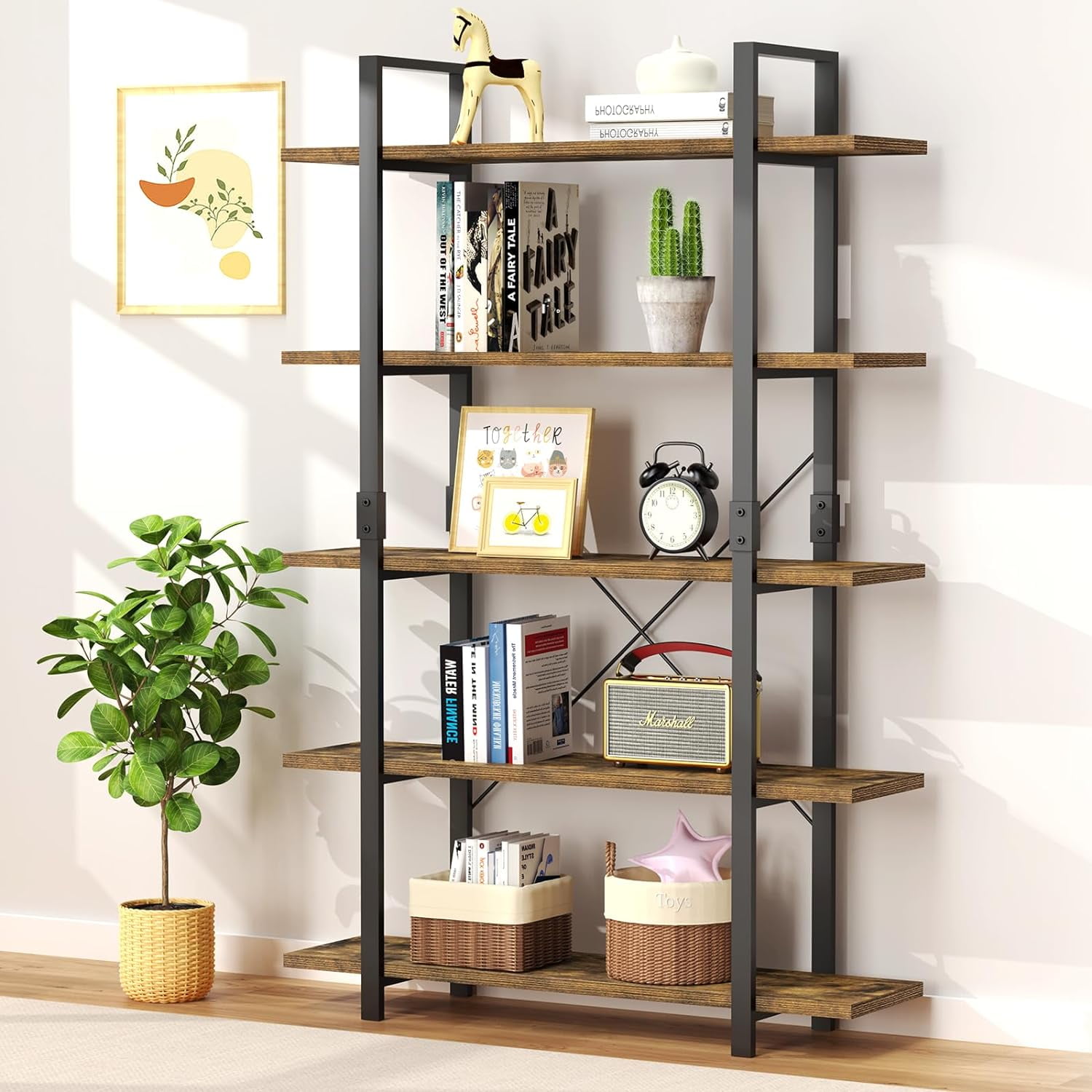 FRAPOW 5 Tier Bookshelf, 70 inch Tall Solid Bookcase Industrial Wooden ...