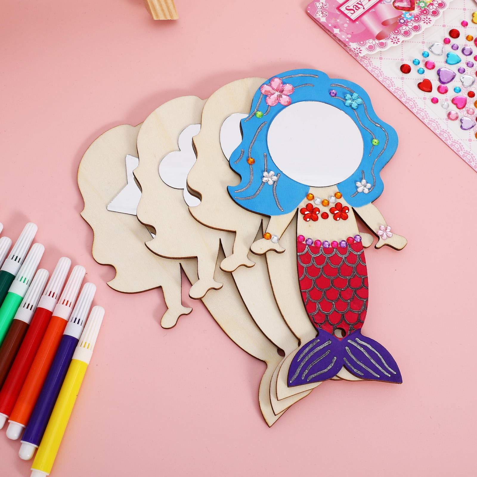 FRCOLOR 1 Set Mermaid Handheld Mirror Diy Kit Wooden Craft Mirrors ...