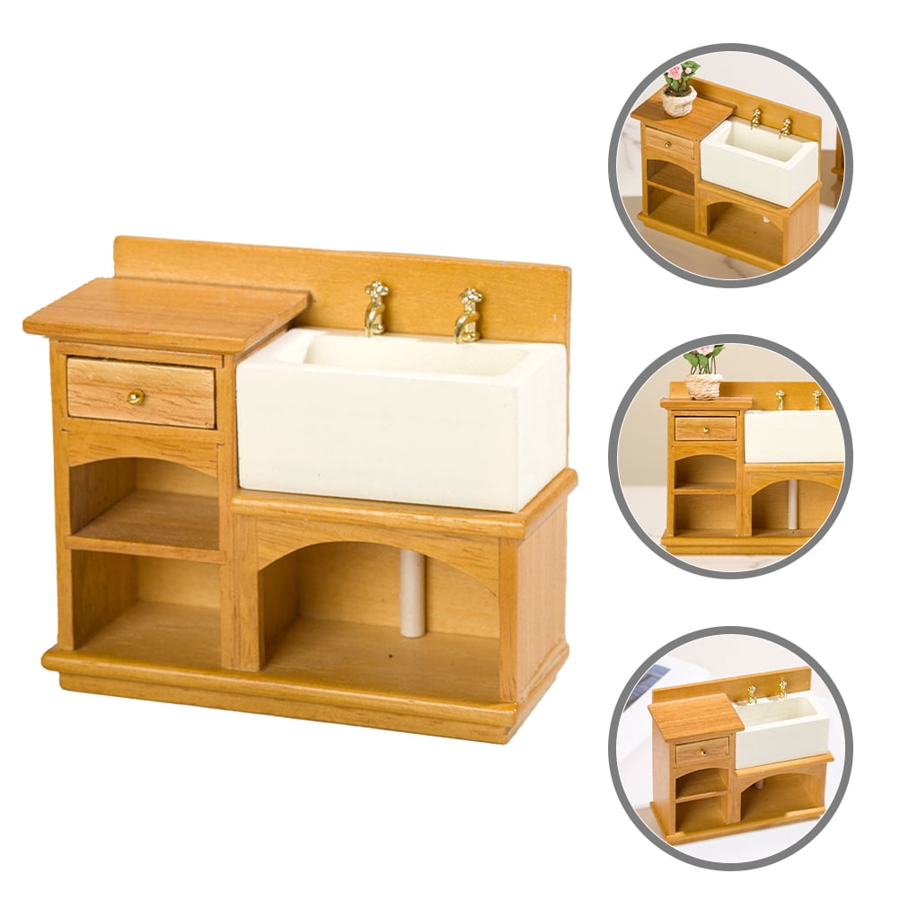 FRCOLOR 1Pcs Mini House Wash Basin Cabinet Rectangular Wood Miniature ...