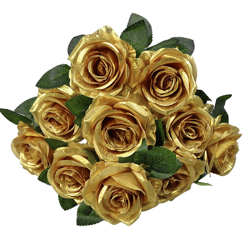 CIMAXIC Golden Lifelike Artificial Gold Roses for Home Wedding Decor 2 ...