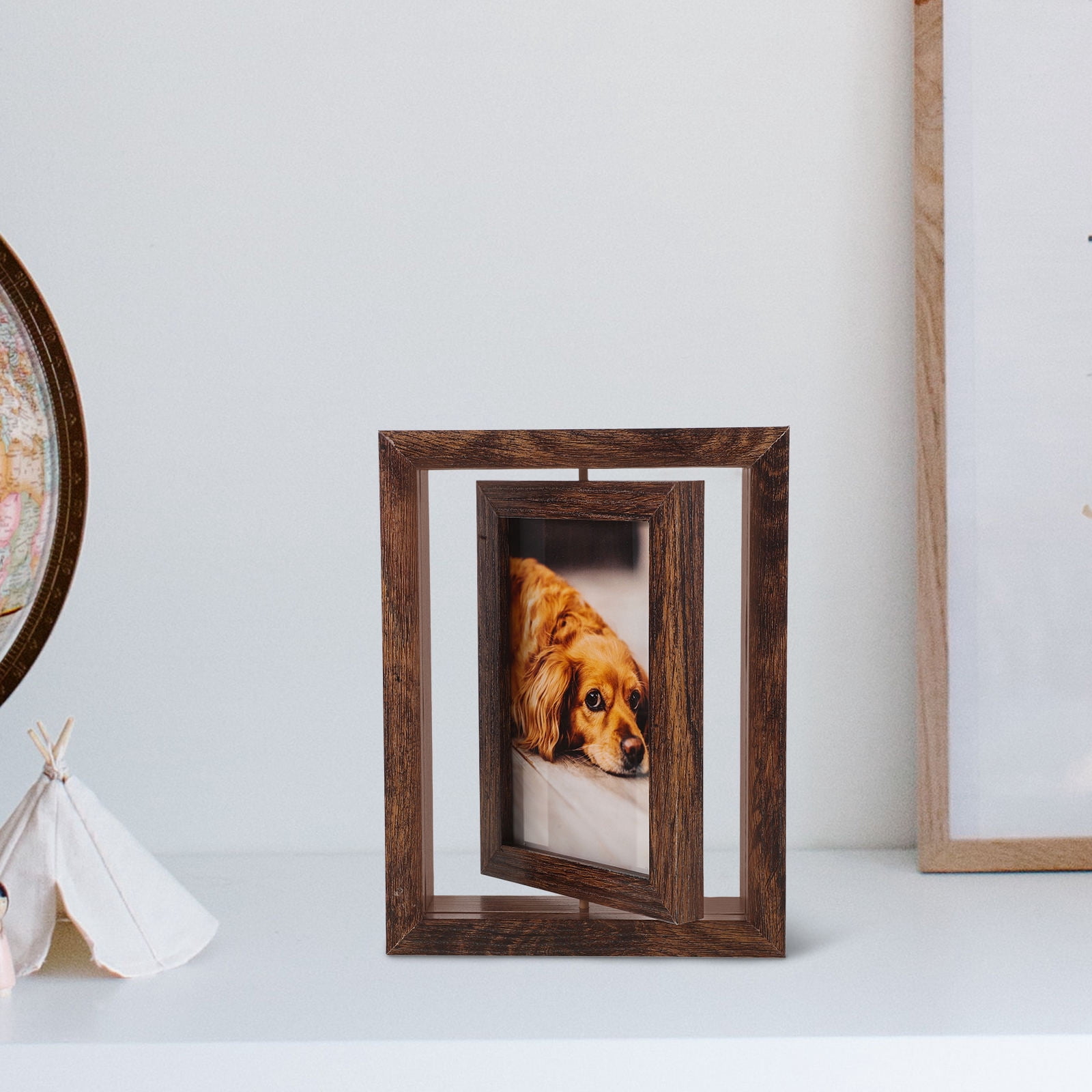 FRCOLOR Antique Wooden Rotating Photo Frame Dual-Sided Picture Display ...