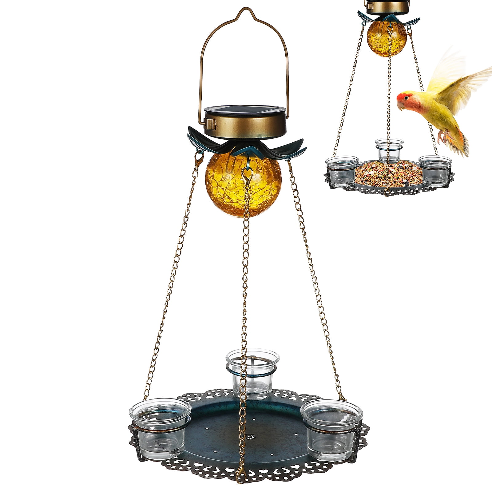FRCOLOR Golden Iron Bird Feeder with Solar Light for Outdoor Use and ...