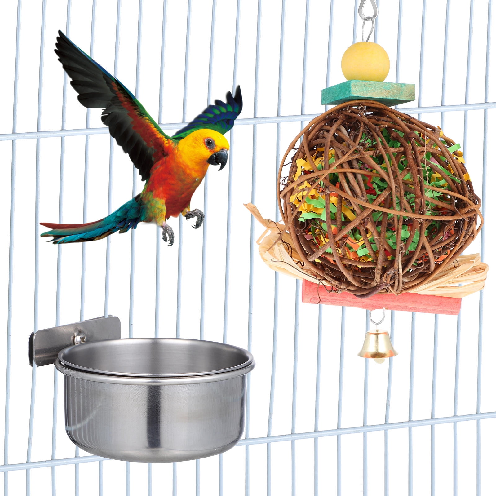 FRCOLOR Bird Feeding Cup with Hanging Rattan Ball Pendant Toys Bird ...