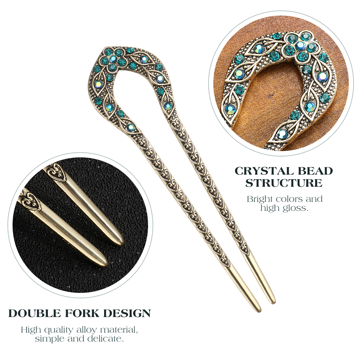 FRCOLOR Lurrose Double Prong Hair Pin U Shaped Crystal Chignon Hairpin ...