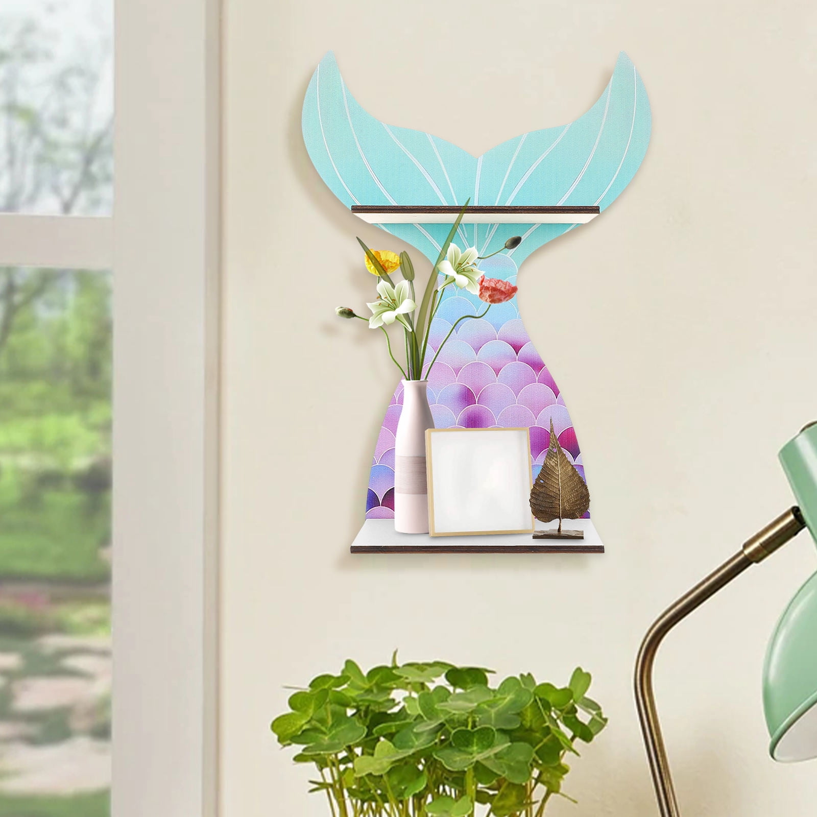 FRCOLOR Mermaid Wall Shelf Wood Floating Shelves for Home Decoration ...