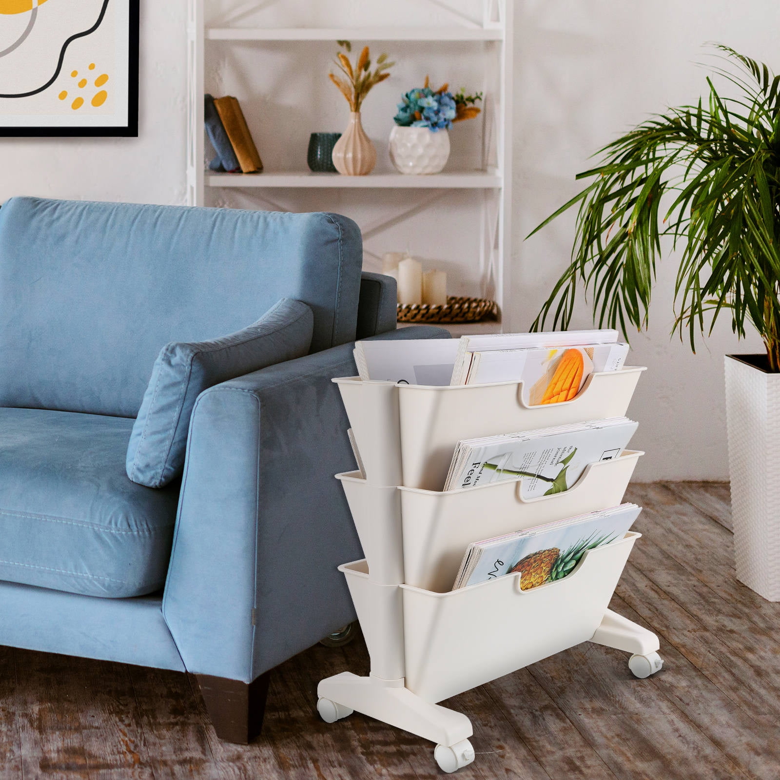 FRCOLOR Mobile Bookshelf Book Cart On Wheels Rolling Bookcase File ...