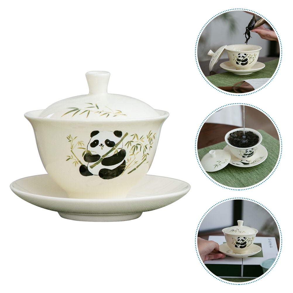FRCOLOR Panda Teacup Set with Lid Ceramic Tea Cup Saucer Chinese Style ...