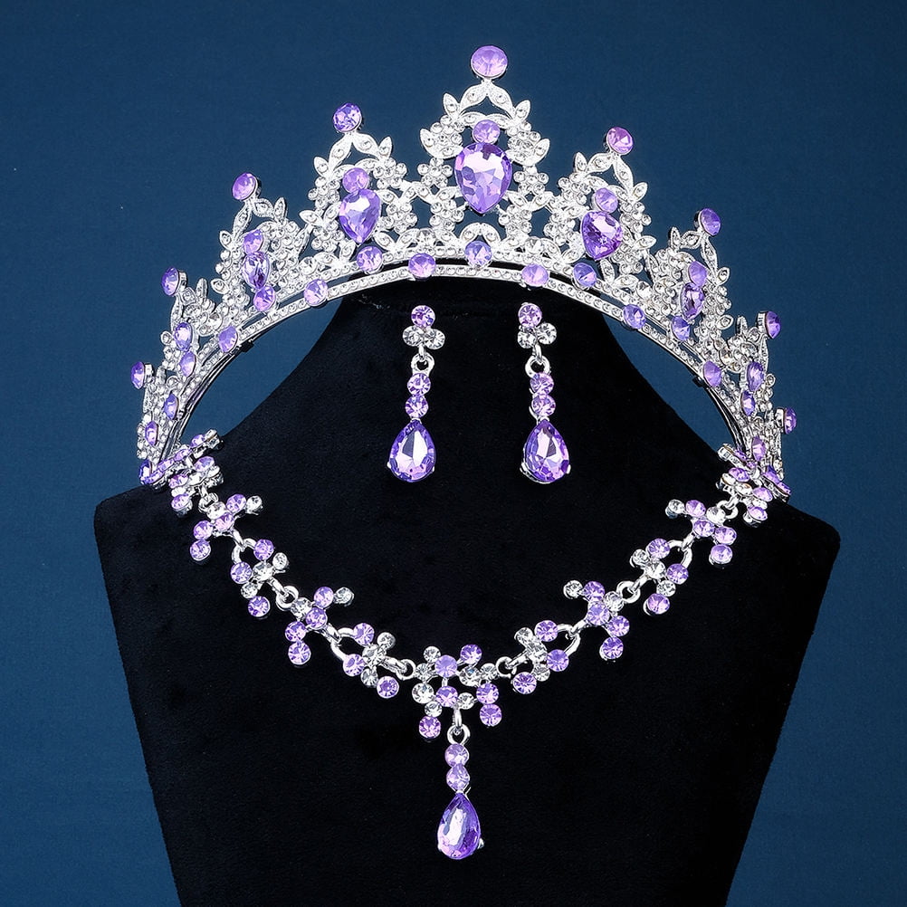 FRCOLOR Purple Rhinestone Necklace and Earrings Set with Crown for ...