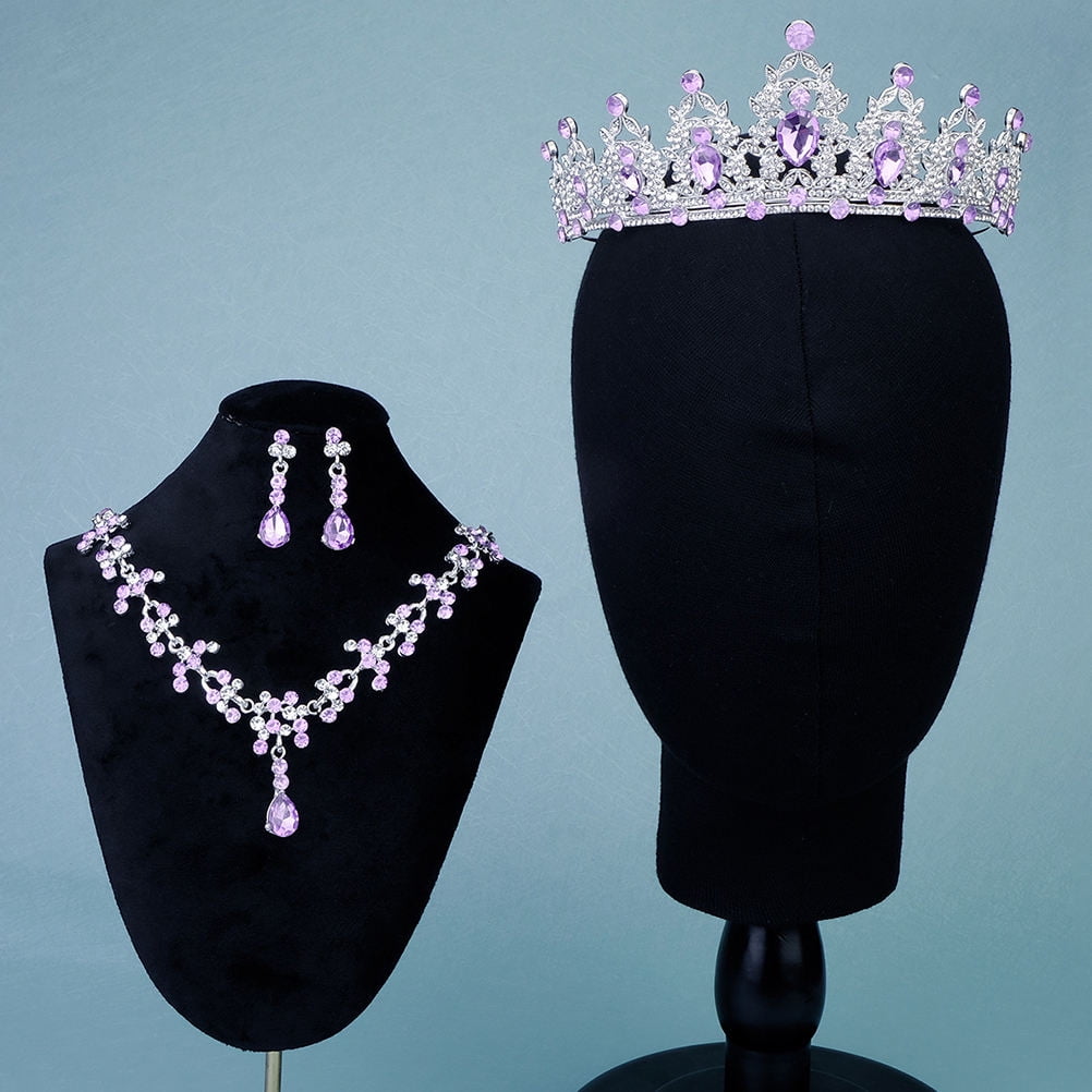FRCOLOR Purple Rhinestone Necklace and Earrings Set with Crown for ...