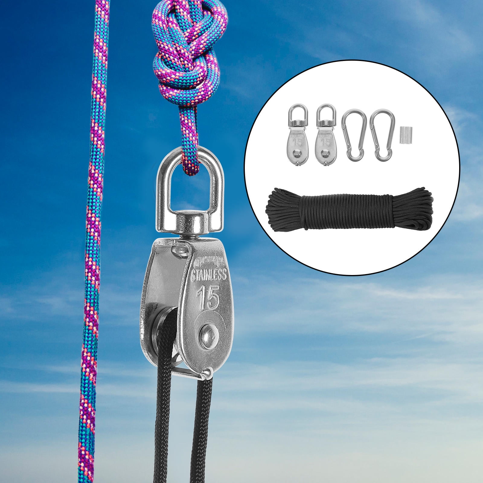 FRCOLOR Rope Pulley System with Stainless Steel Wheel and Hook for Home ...