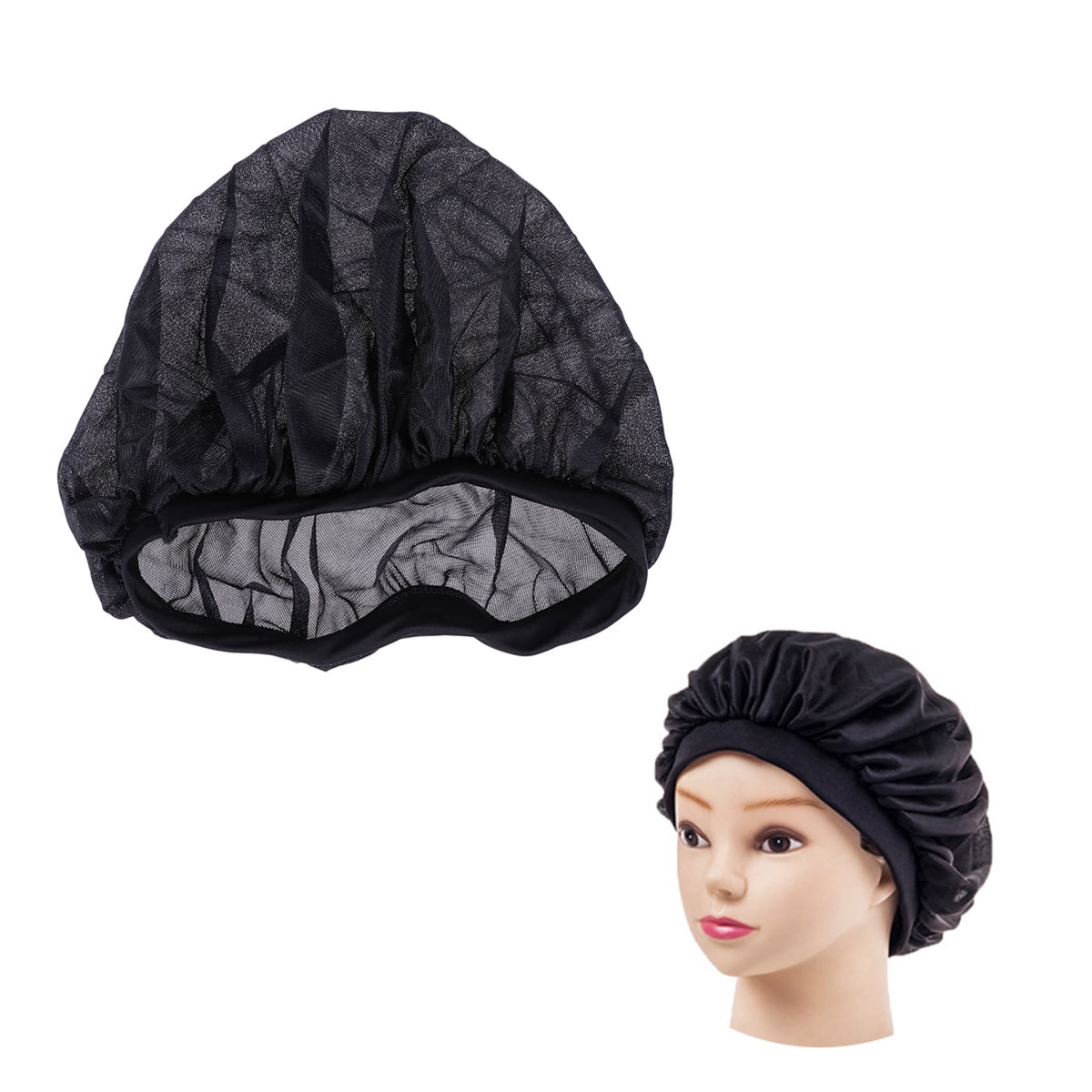 FRCOLOR Sleep Cap Satin Bonnet for Sleeping Long Hair Reusable Black ...