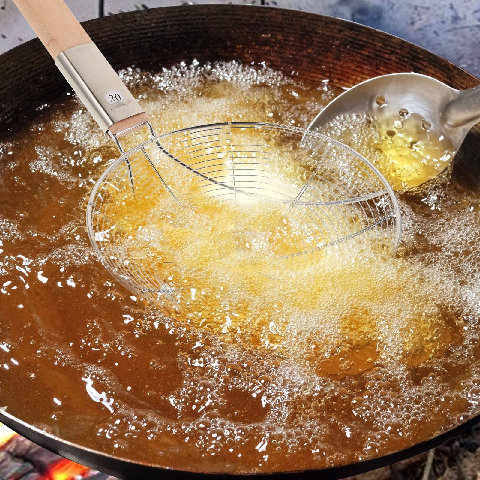 FRCOLOR Stainless Steel Frying Spoon Strainer With Wooden Handle ...