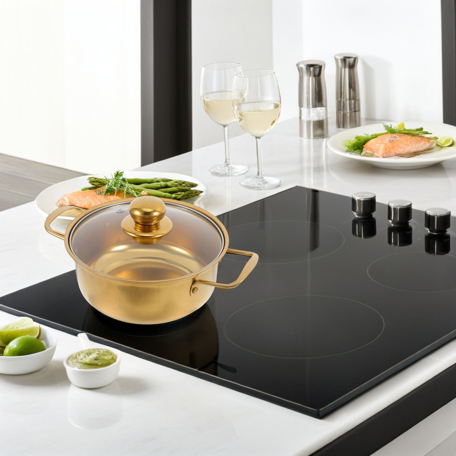 FRCOLOR Stainless Steel Induction Ramen Pot With Glass Lid Golden ...